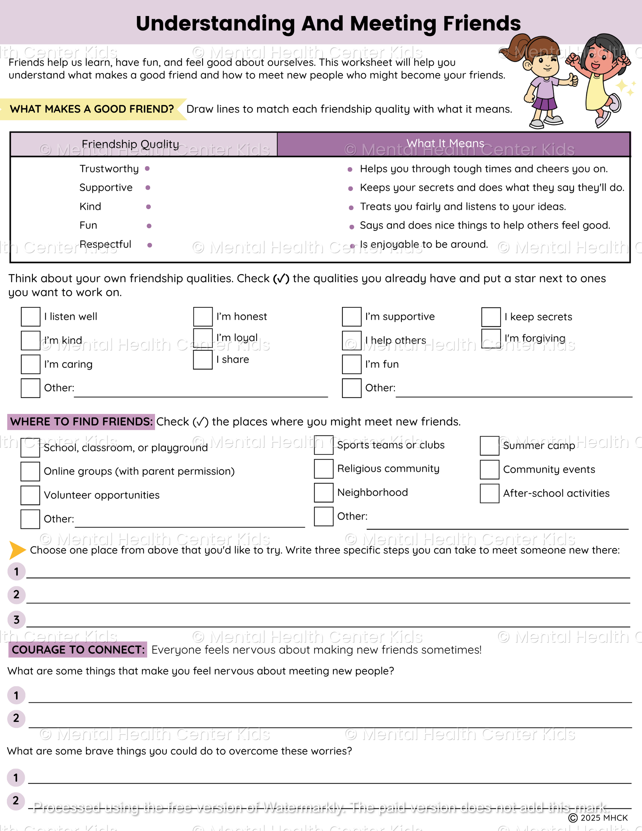 Making Friends Worksheets (3 Pages) – Mental Health Center Kids