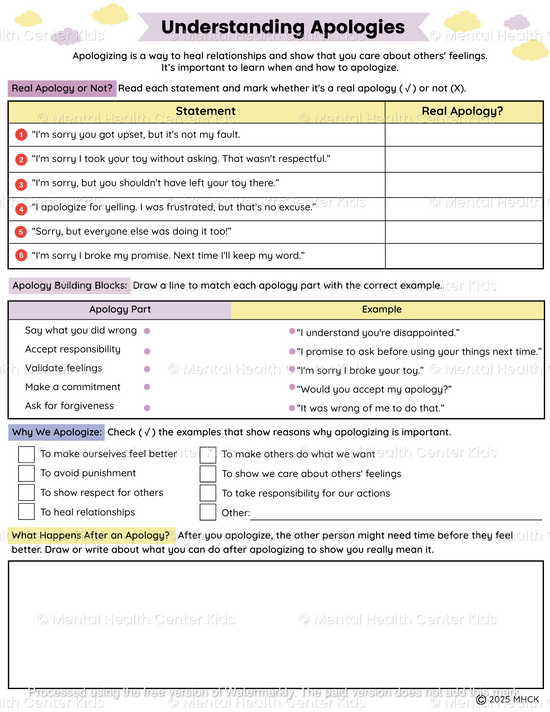 Apologizing Worksheets (2 Pages) – Mental Health Center Kids