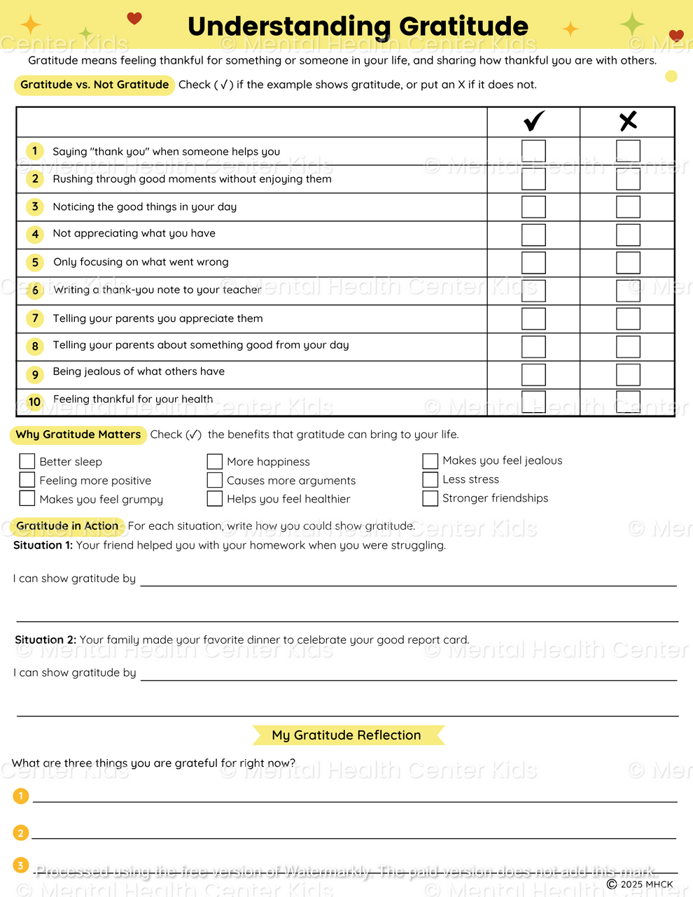 Gratitude Worksheets (6 Pages) – Mental Health Center Kids