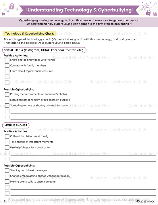 Cyberbullying Worksheets (5 Pages) – Mental Health Center Kids