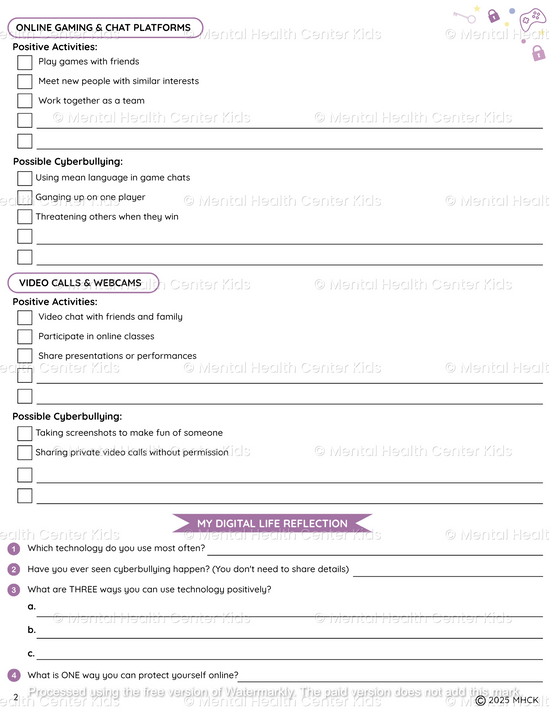 Cyberbullying Worksheets (5 Pages) – Mental Health Center Kids