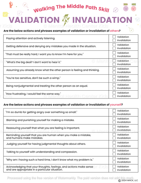 DBT Validation Worksheet – Mental Health Center Kids
