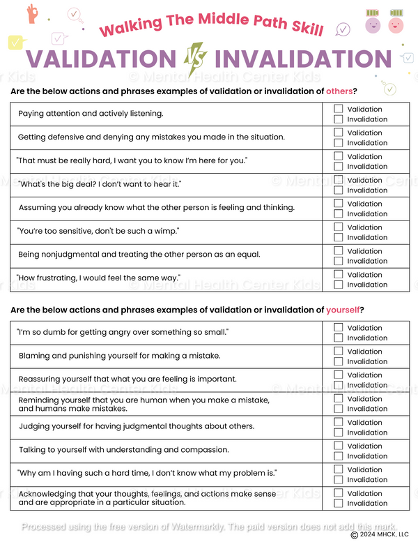 DBT Validation Worksheet – Mental Health Center Kids