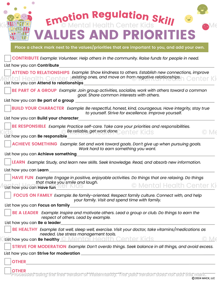 DBT Values And Priorities Worksheet – Mental Health Center Kids