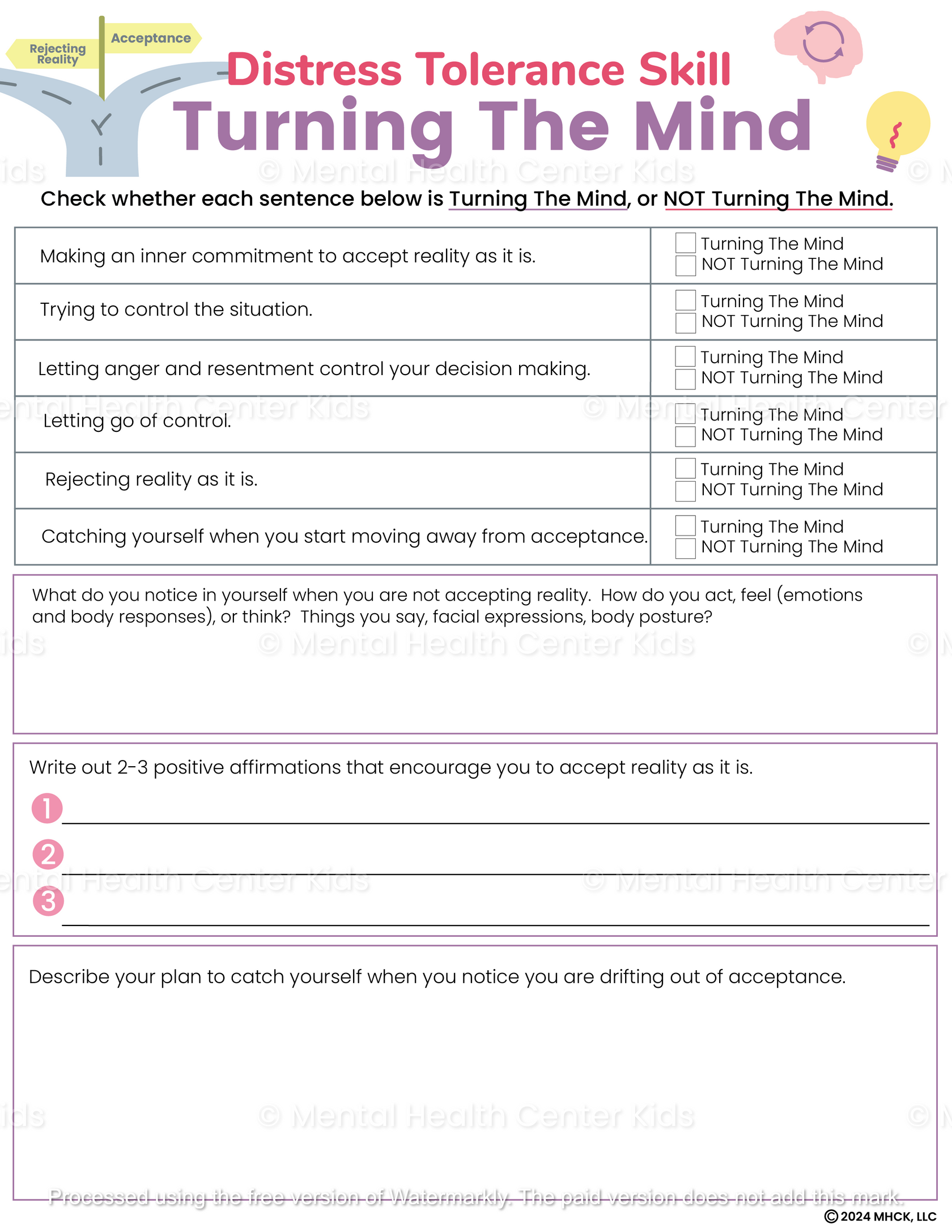 DBT Turning The Mind Worksheet – Mental Health Center Kids