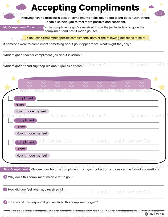 Accepting Compliments Worksheets (2 Pages) – Mental Health Center Kids