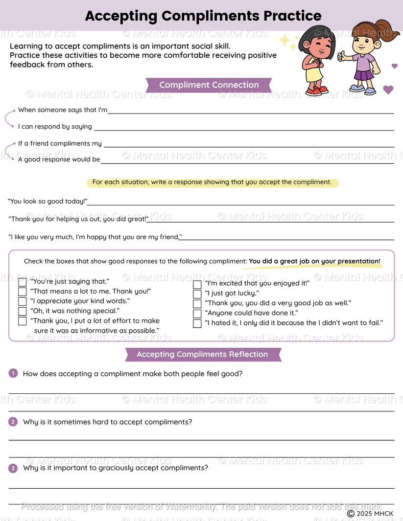 Accepting Compliments Worksheets (2 Pages) – Mental Health Center Kids