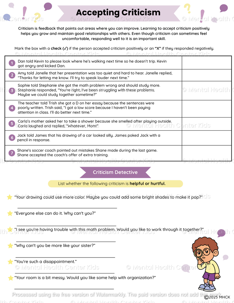 Accepting Criticism Worksheets (2 Pages) – Mental Health Center Kids