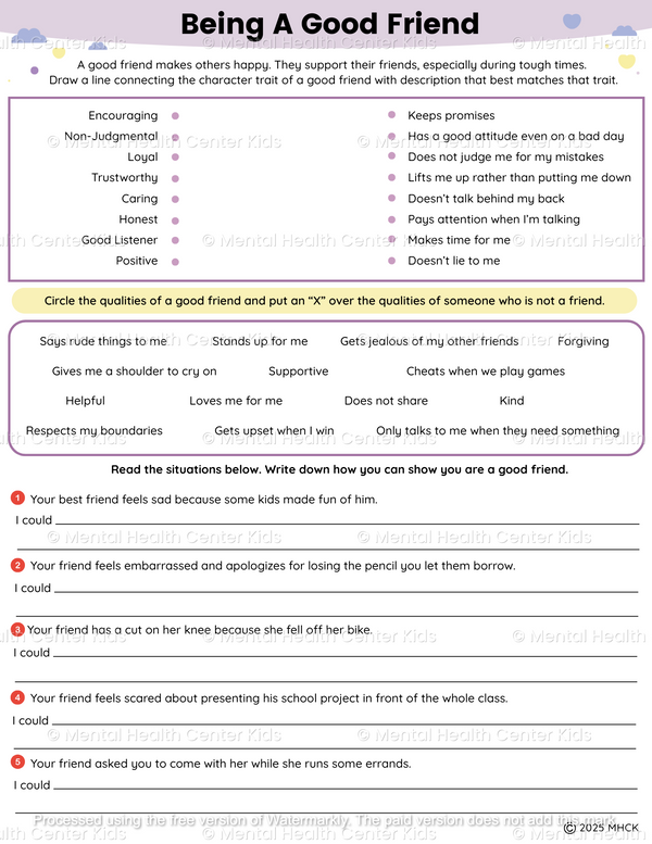 Friendship Worksheets (2 Pages) – Mental Health Center Kids