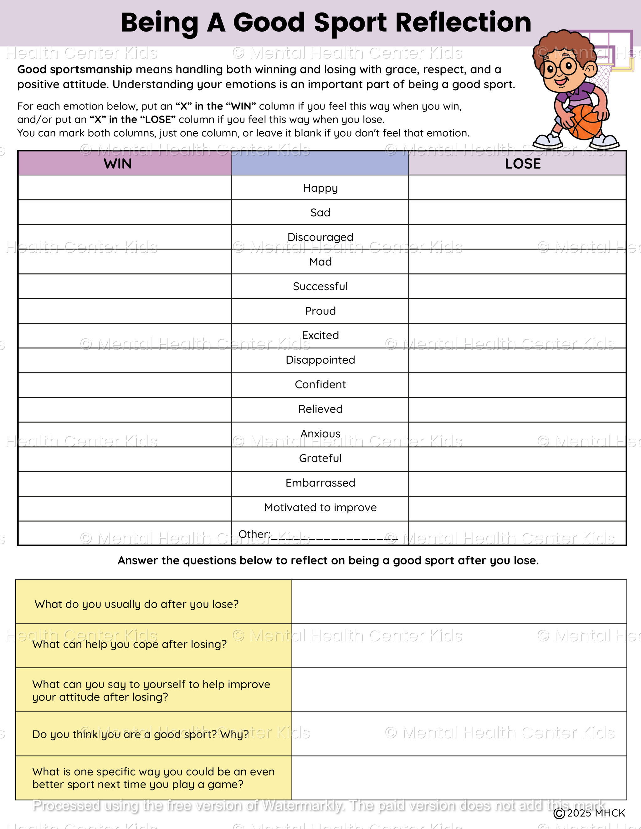 Sportsmanship Worksheets (2 Pages) – Mental Health Center Kids