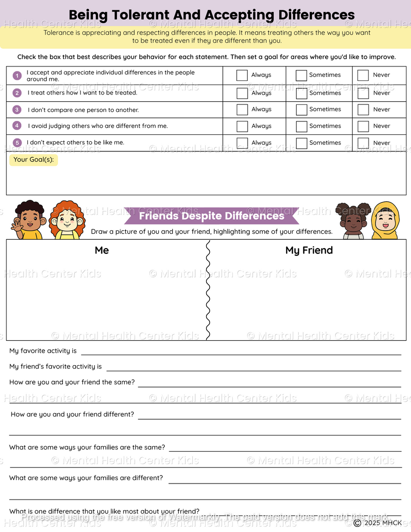 Tolerance and Diversity Worksheets (2 Pages) – Mental Health Center Kids