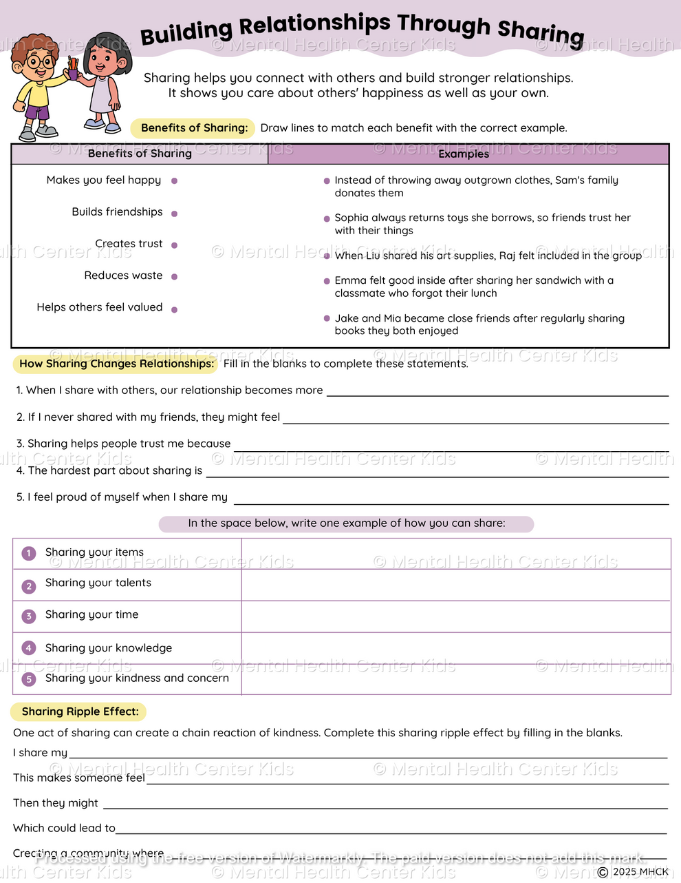 Sharing Worksheets (2 Pages) – Mental Health Center Kids