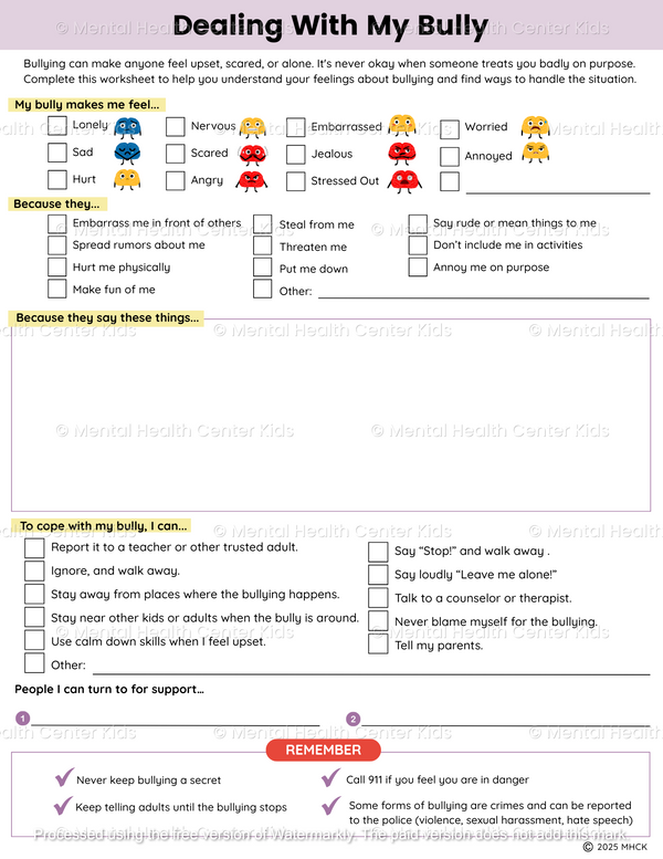 Bullying Worksheets (2 Pages) – Mental Health Center Kids