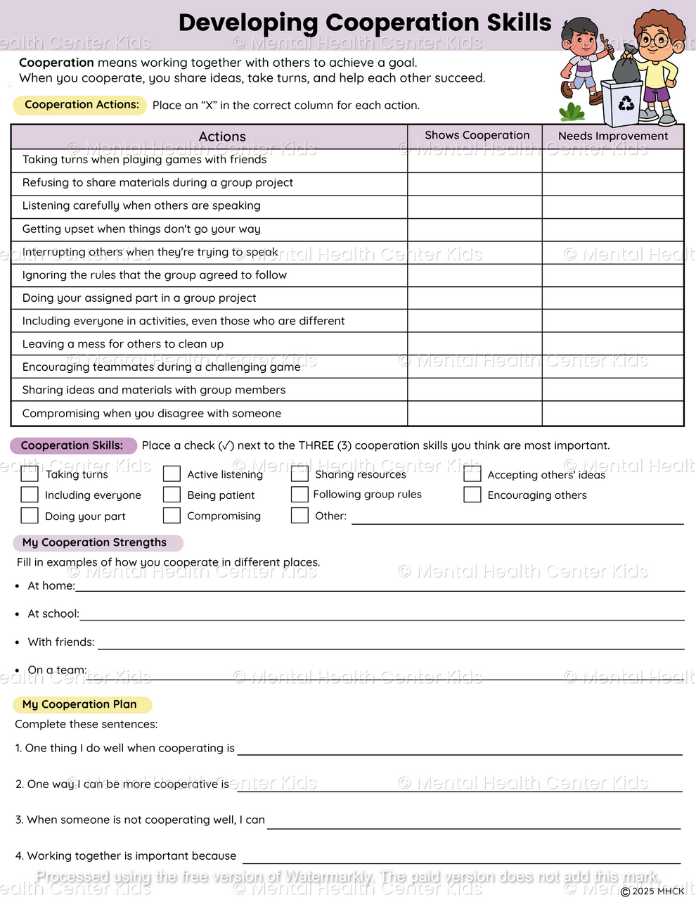 Cooperation Worksheets (2 Pages) – Mental Health Center Kids