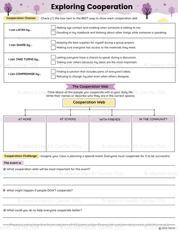 Cooperation Worksheets (2 Pages) – Mental Health Center Kids