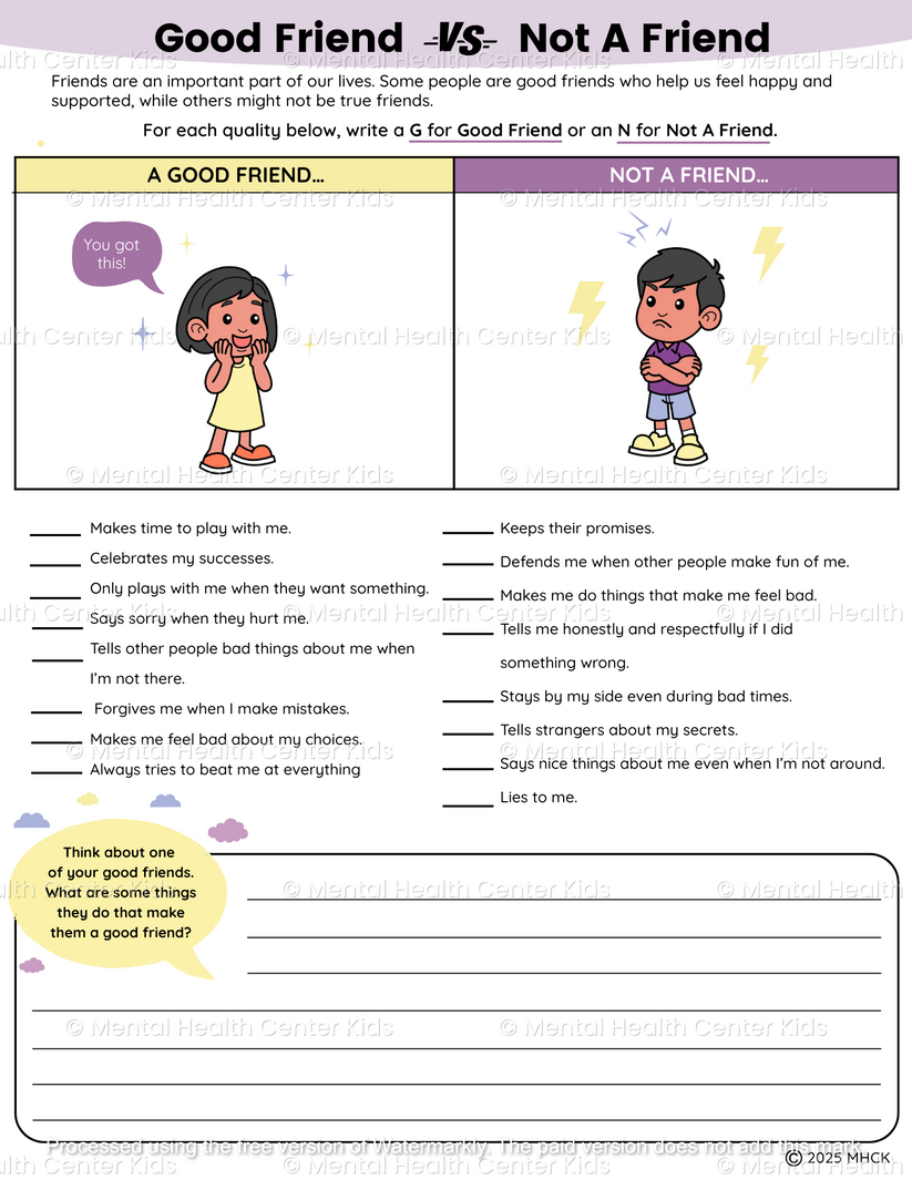 Friendship Worksheets (2 Pages) – Mental Health Center Kids