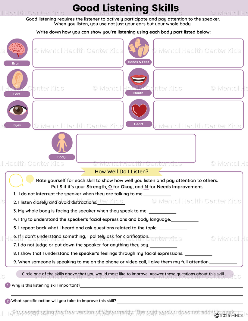 Listening Skills Worksheets (2 Pages) – Mental Health Center Kids