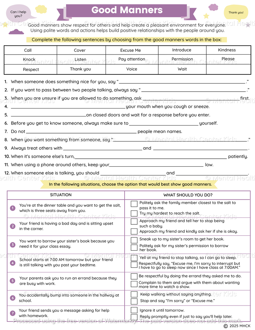 Good Manners Worksheets (2 Pages) – Mental Health Center Kids