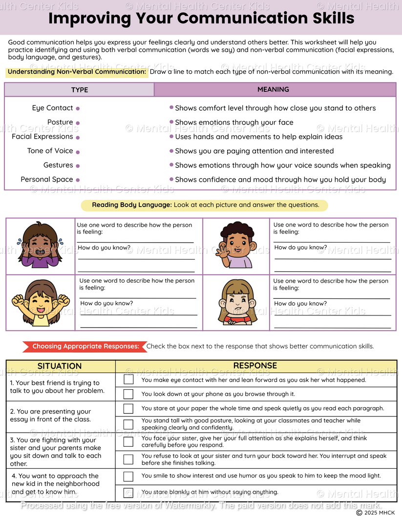 Communication Skills Worksheets (2 Pages) – Mental Health Center Kids