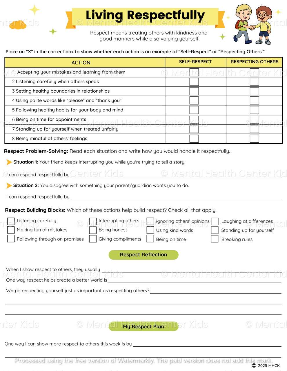 Respect Worksheets (2 Pages) – Mental Health Center Kids