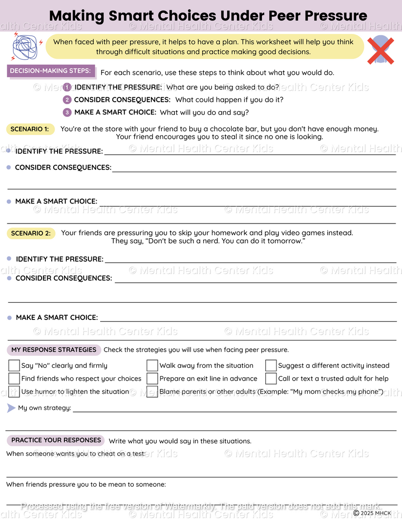 Peer Pressure Worksheets (2 Pages) – Mental Health Center Kids