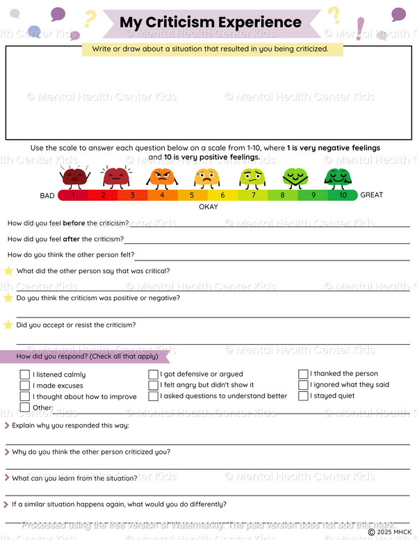 Accepting Criticism Worksheets (2 Pages) – Mental Health Center Kids