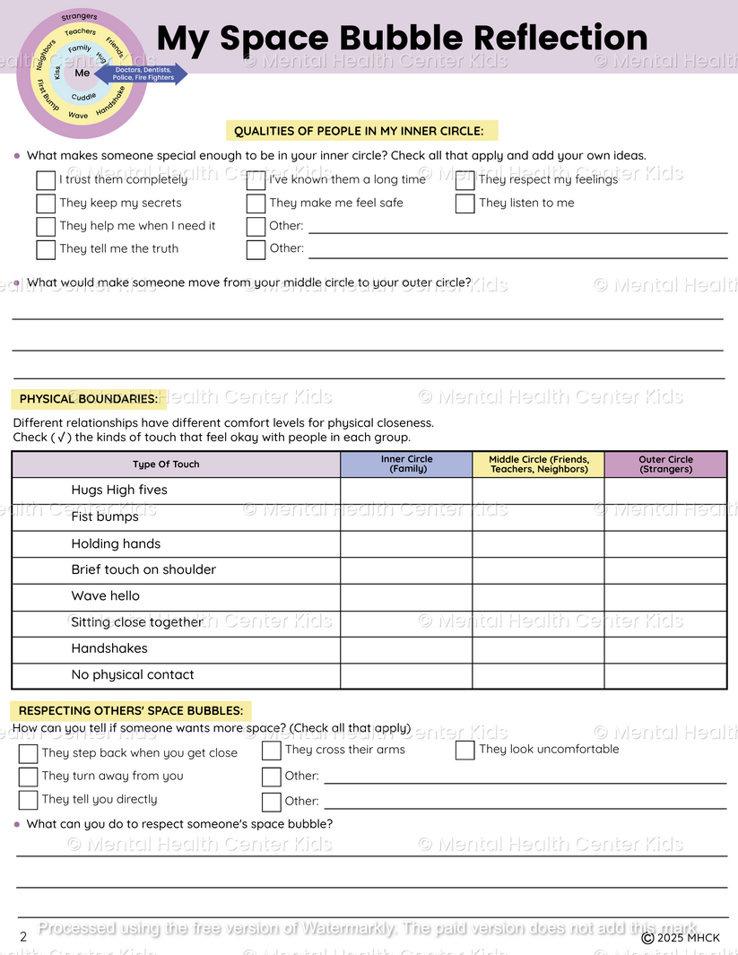 Respecting Personal Space Worksheets (3 Pages) – Mental Health Center Kids