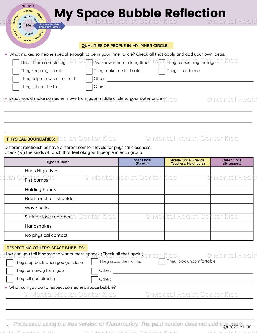 Respecting Personal Space Worksheets (3 Pages) – Mental Health Center Kids
