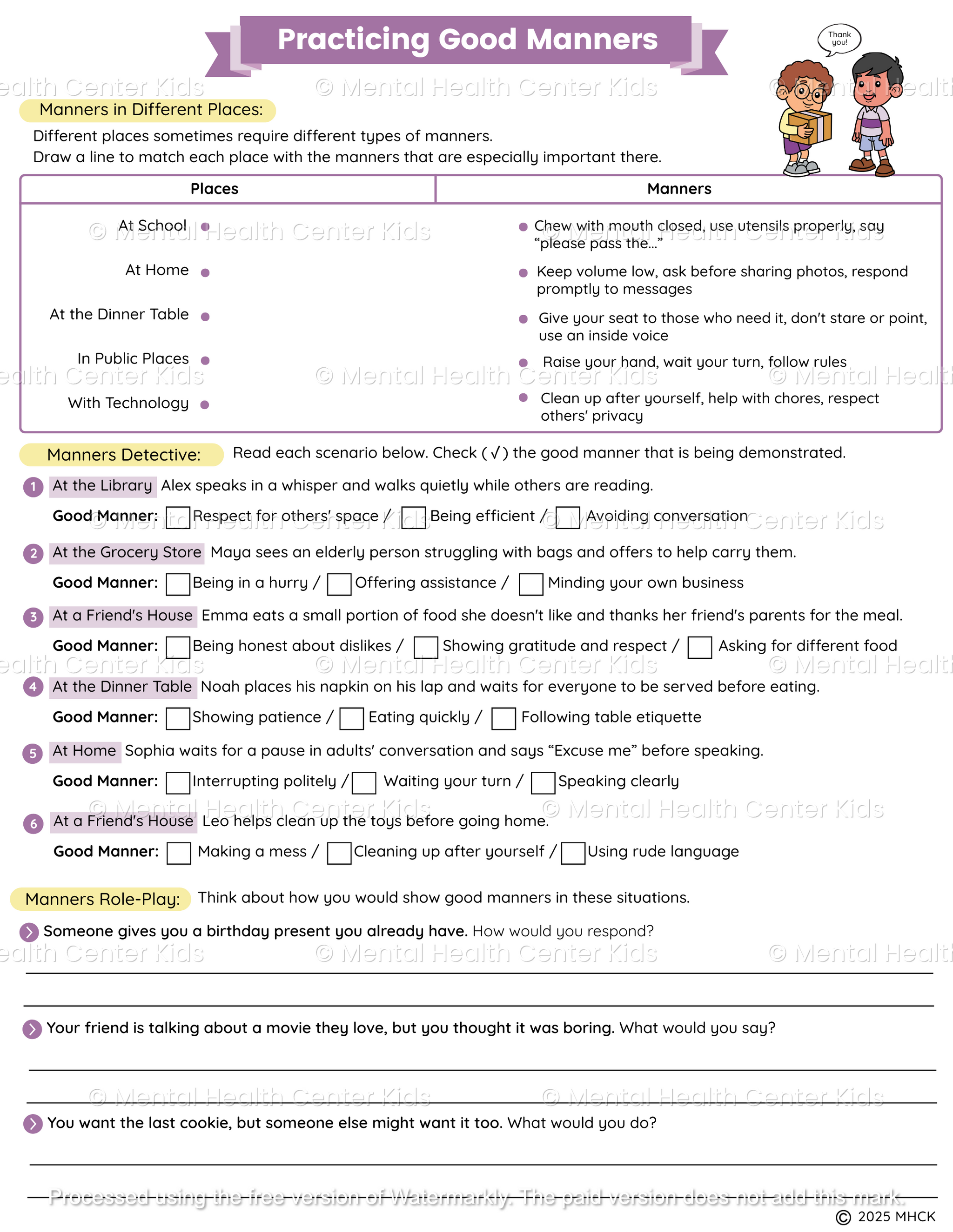 Good Manners Worksheets (2 Pages) – Mental Health Center Kids
