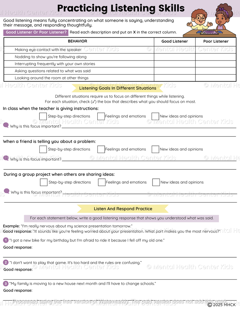 Listening Skills Worksheets (2 Pages) – Mental Health Center Kids