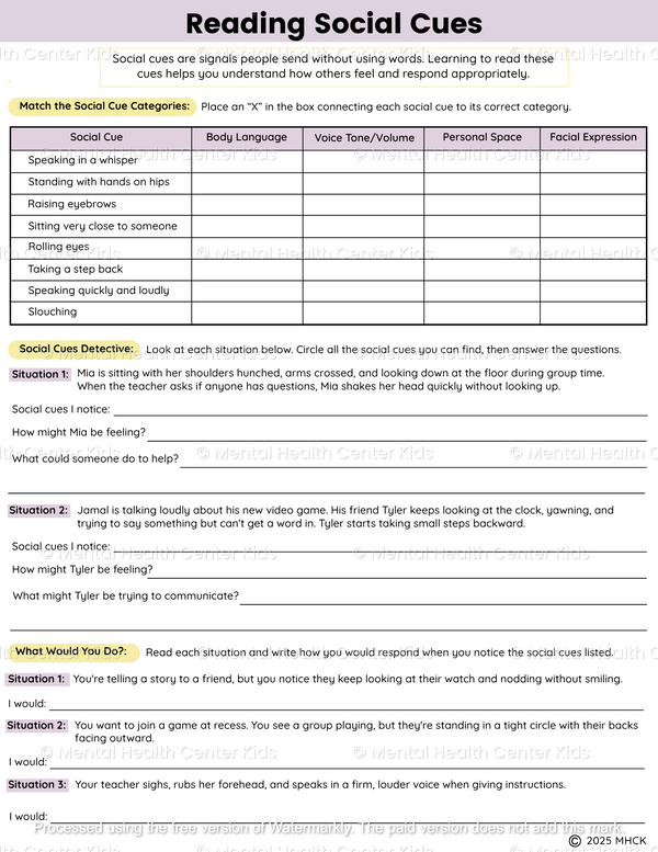 Reading Social Cues Worksheets (2 Pages) – Mental Health Center Kids