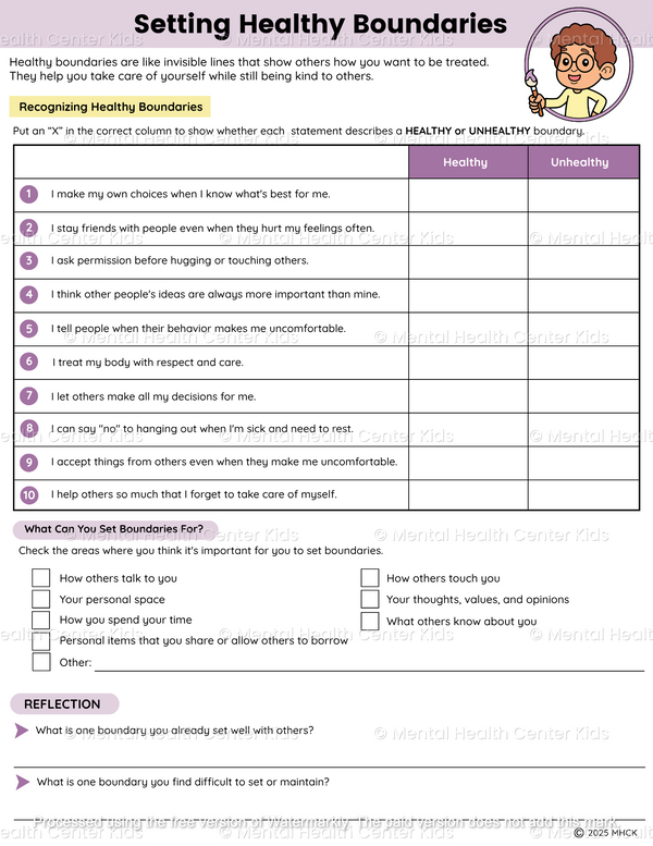 Setting Healthy Boundaries Worksheets (2 Pages) – Mental Health Center Kids