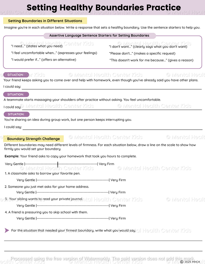 Setting Healthy Boundaries Worksheets (2 Pages) – Mental Health Center Kids