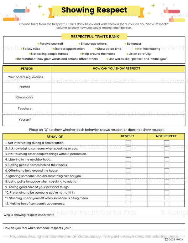 Respect Worksheets (2 Pages) – Mental Health Center Kids