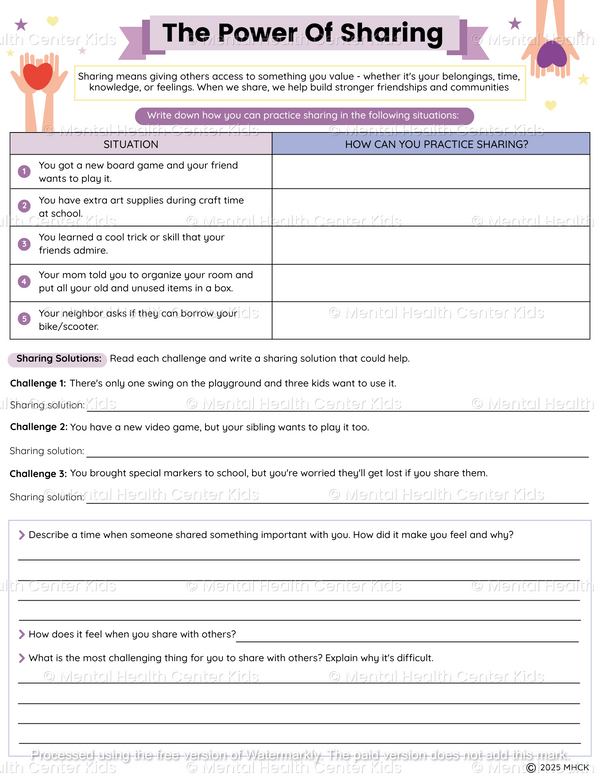 Sharing Worksheets (2 Pages) – Mental Health Center Kids