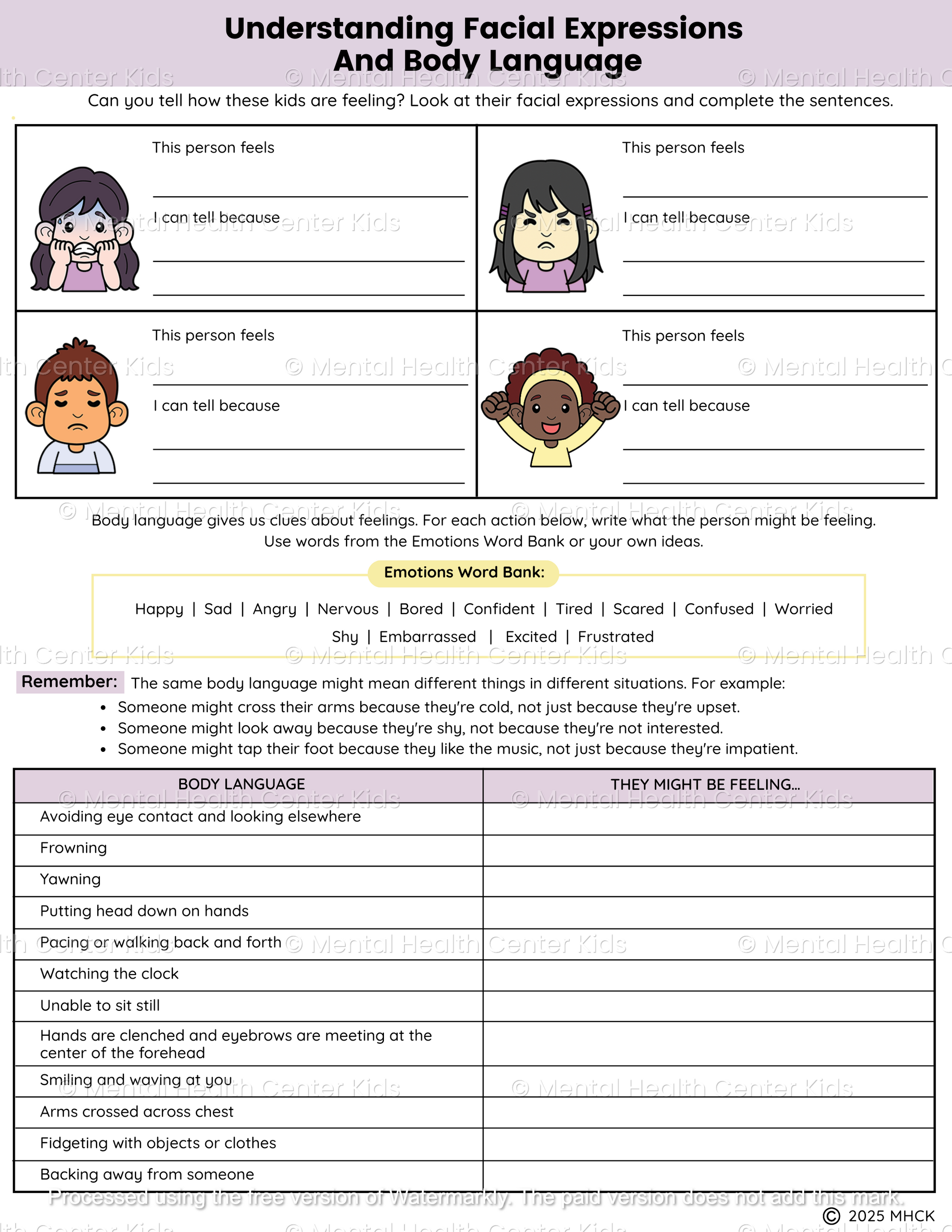 Reading Social Cues Worksheets (2 Pages) – Mental Health Center Kids
