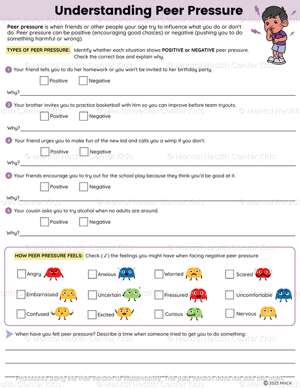 Peer Pressure Worksheets (2 Pages) – Mental Health Center Kids