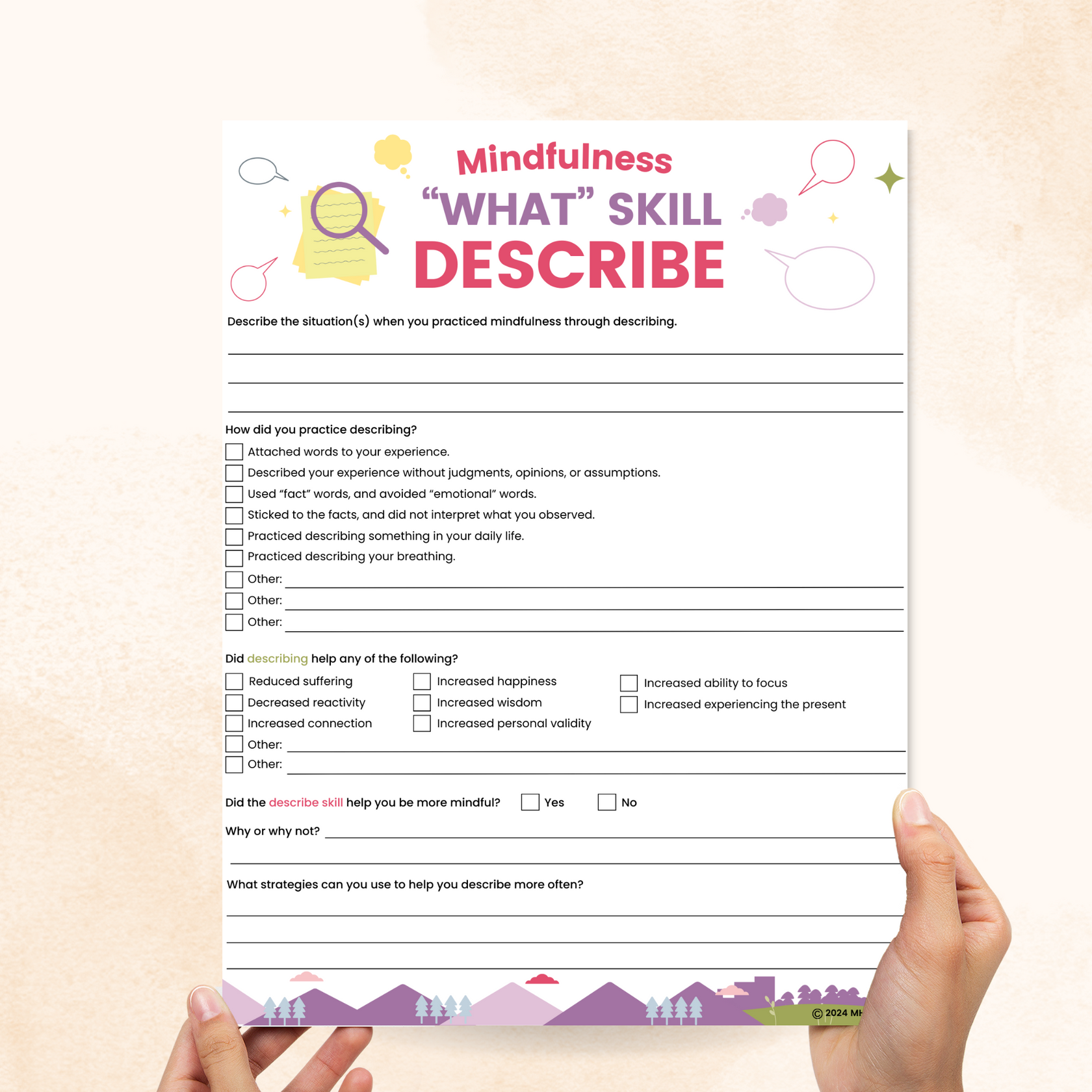 DBT Mindfulness "What" Skills Worksheets – Mental Health Center Kids