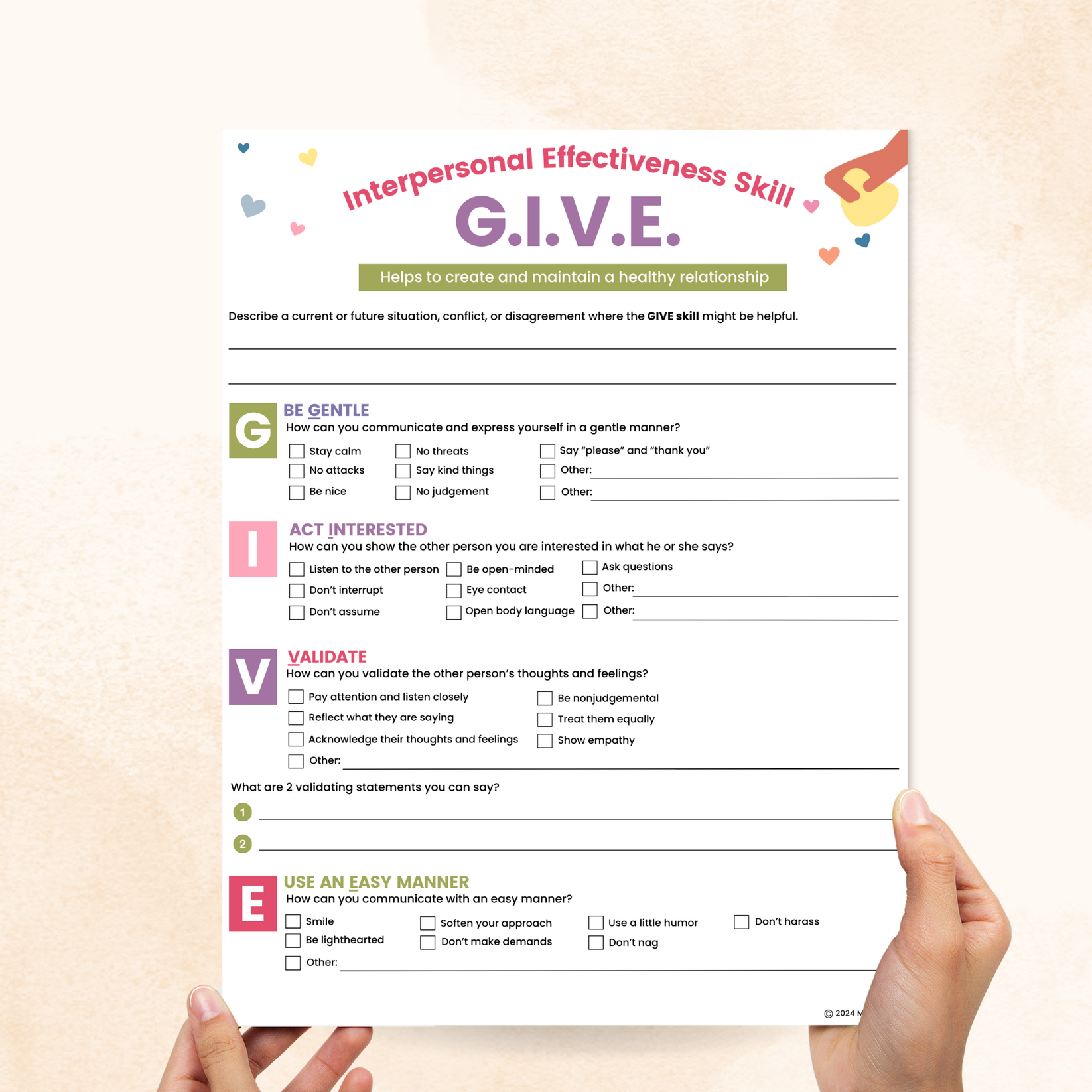 DBT GIVE Skill Worksheet – Mental Health Center Kids