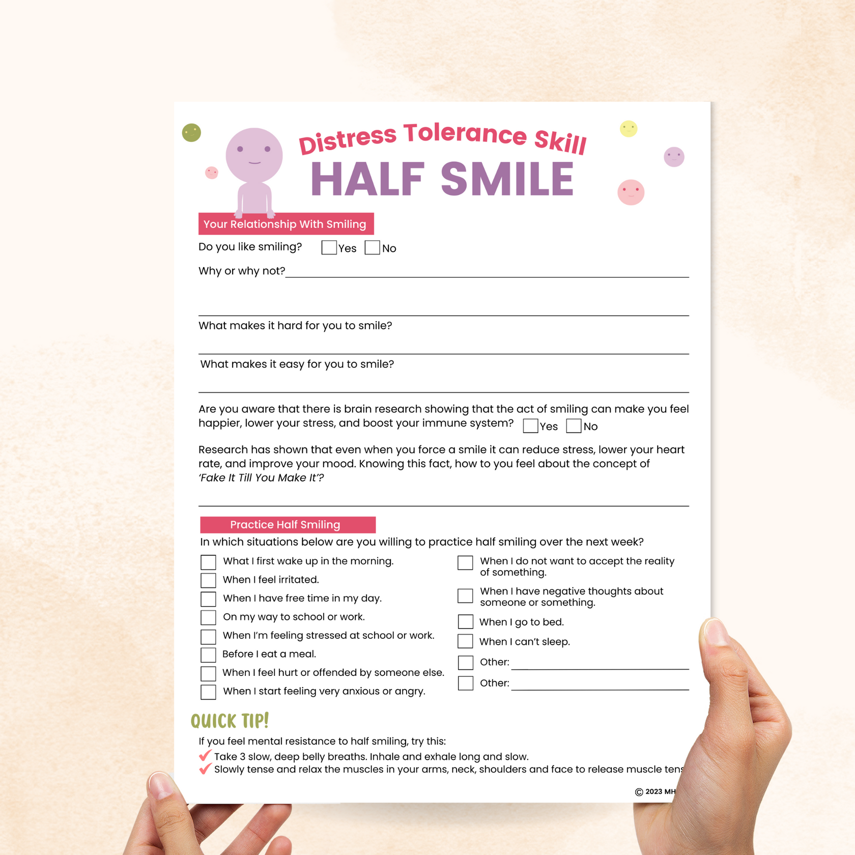 DBT Half Smile Worksheet – Mental Health Center Kids