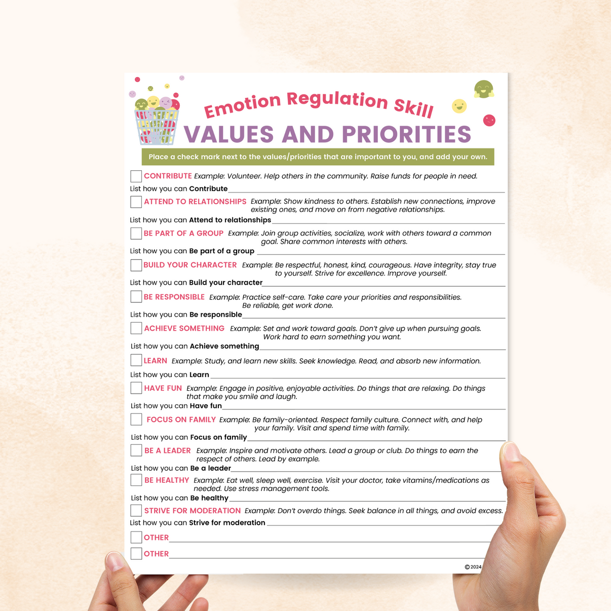 DBT Values And Priorities Worksheet – Mental Health Center Kids
