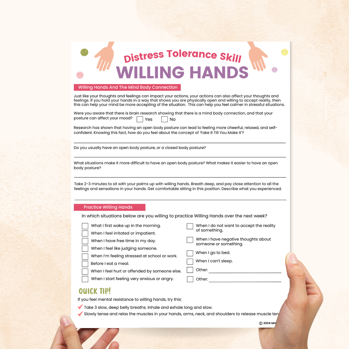 DBT Willing Hands Worksheet – Mental Health Center Kids