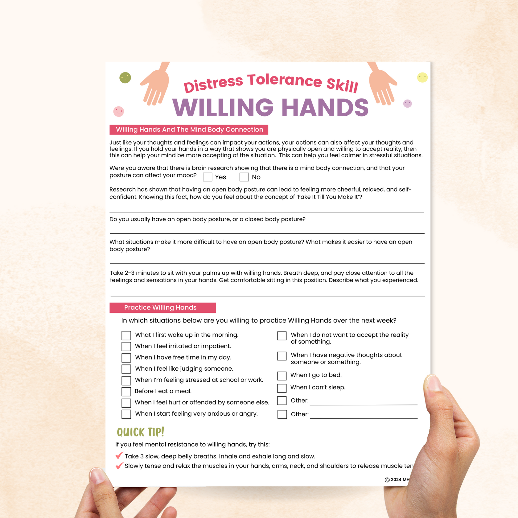 DBT Willing Hands Worksheet – Mental Health Center Kids