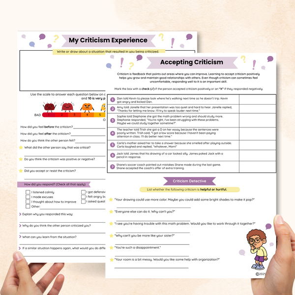 Accepting Criticism Worksheets (2 Pages) – Mental Health Center Kids