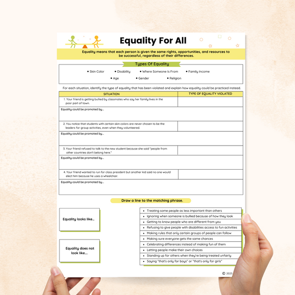 Equality Worksheets (2 Pages) – Mental Health Center Kids