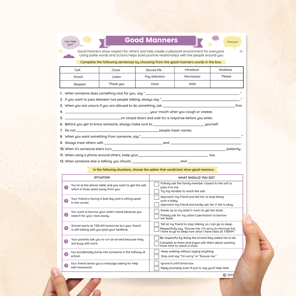 Good Manners Worksheets (2 Pages) – Mental Health Center Kids