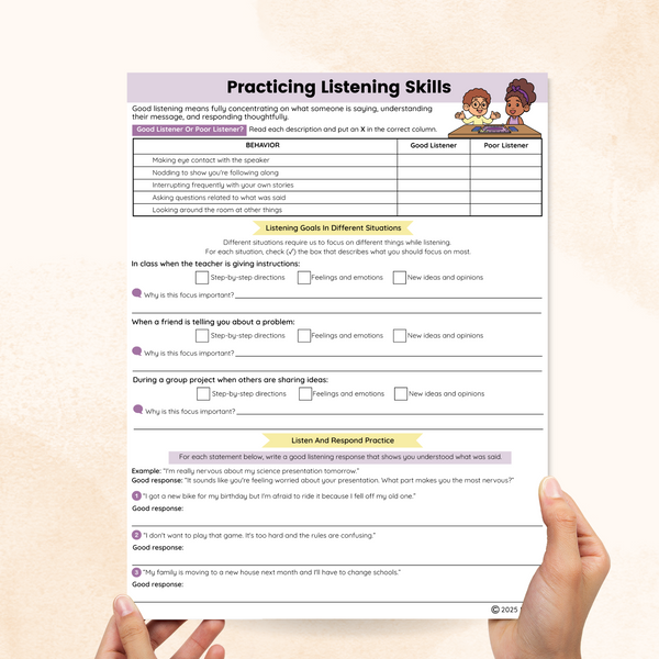 Listening Skills Worksheets (2 Pages) – Mental Health Center Kids