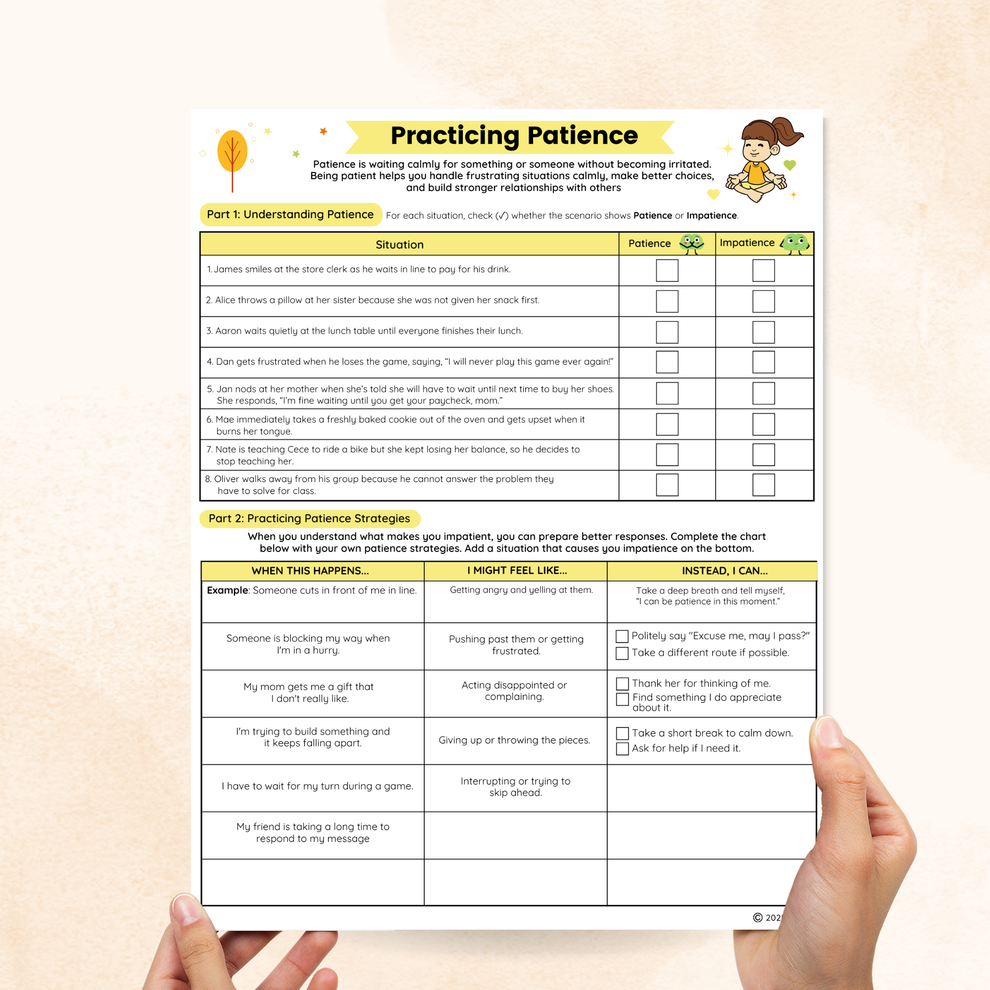Patience Worksheets (2 Pages) – Mental Health Center Kids