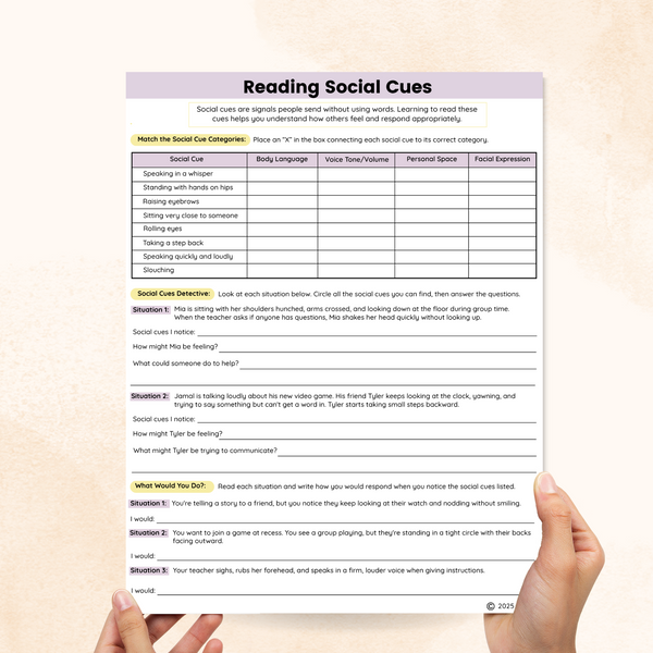Reading Social Cues Worksheets (2 Pages) – Mental Health Center Kids