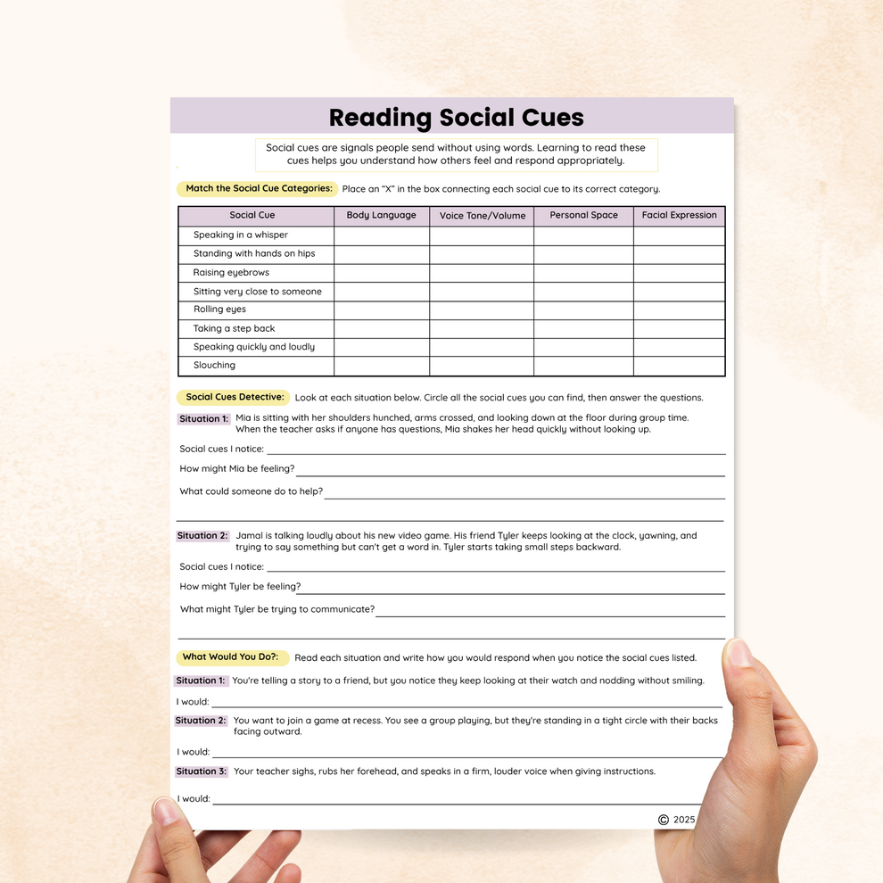 Reading Social Cues Worksheets (2 Pages) – Mental Health Center Kids